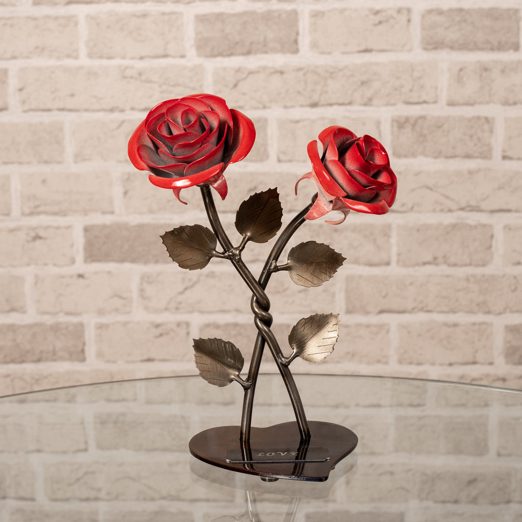 Personalized Gift Hand-Forged Wrought Iron Double Red Metal Rose with ...